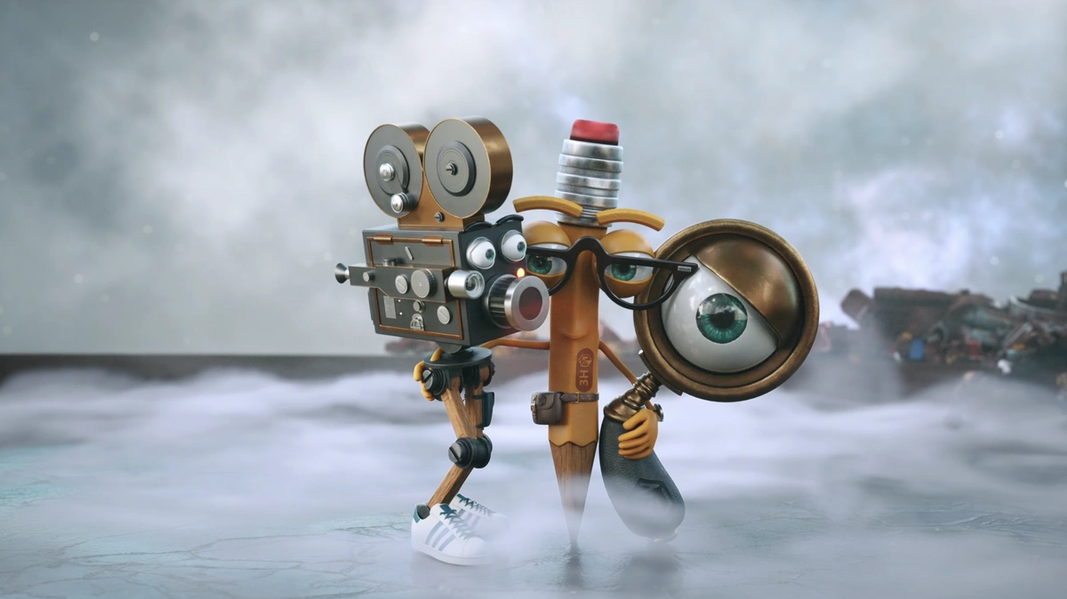 Loopito, Pensilio, and Lensio hug it out in animated short film NEW IDEA.